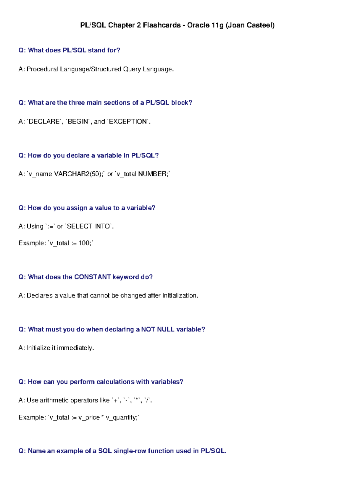 PL/SQL Chapter 2 Flashcards - Oracle 11g Study Guide - Studocu