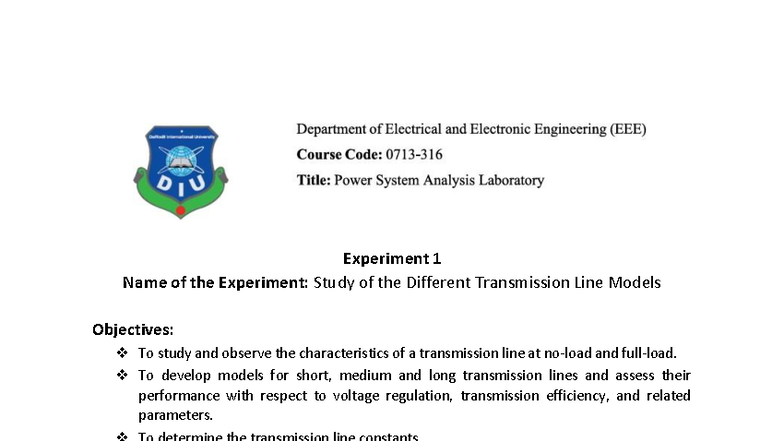 Experiment 1 - Study of the Different Transmission Line Models ...