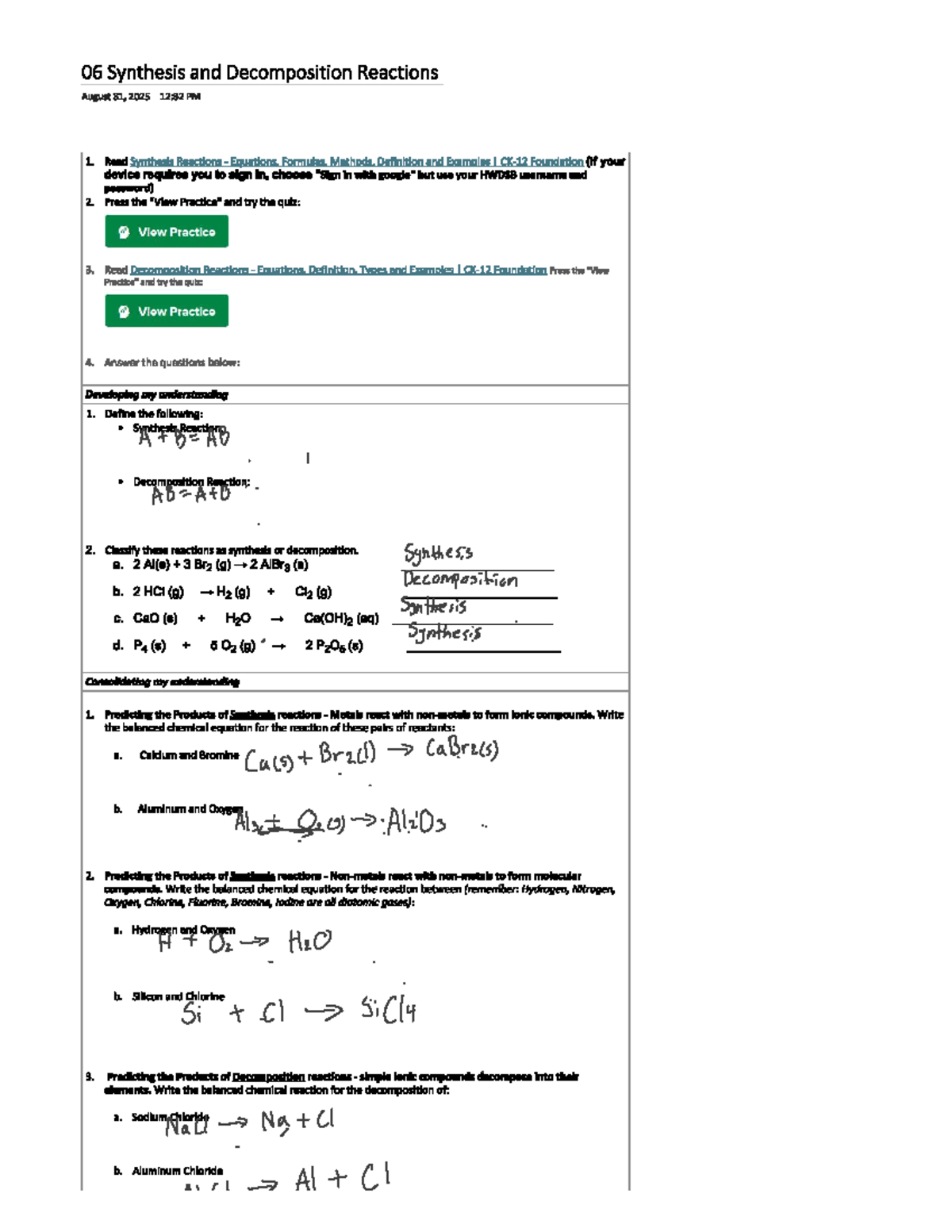 06 Synthesis and Decomposition Reactions: Definitions and Examples ...