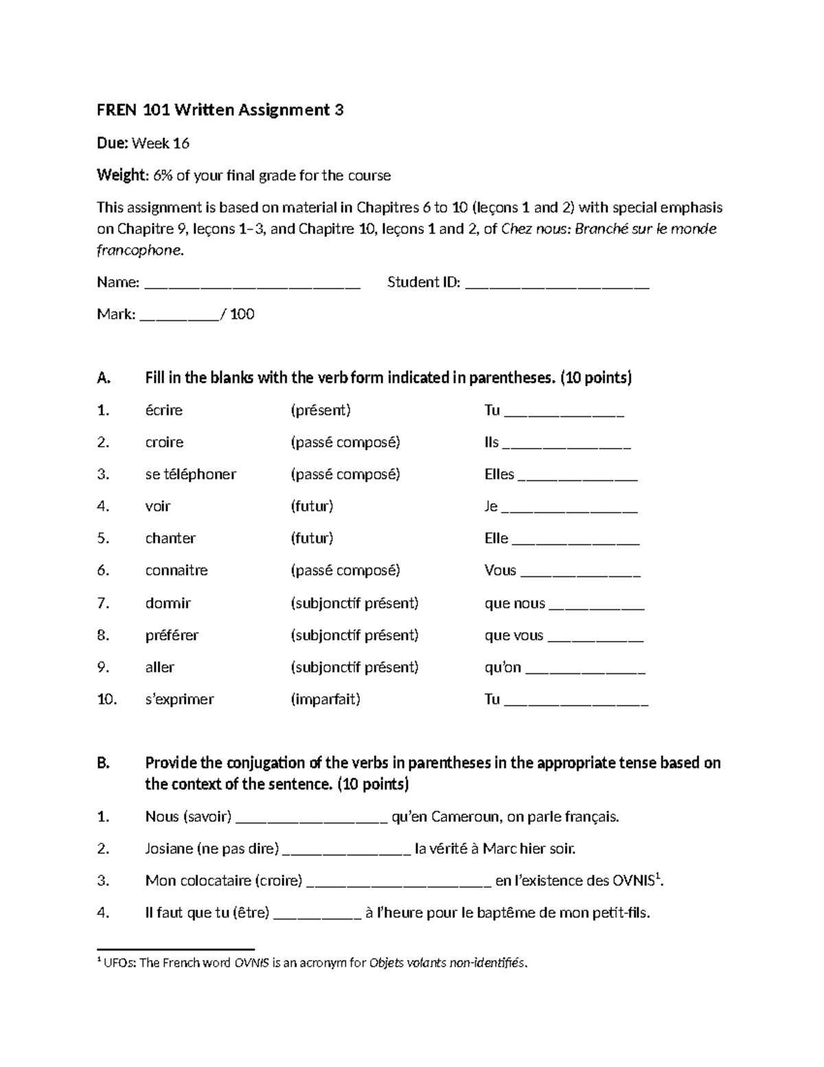 FREN 101 Written Assignment 3: Exercises & Answers on Chapters 6-10 ...
