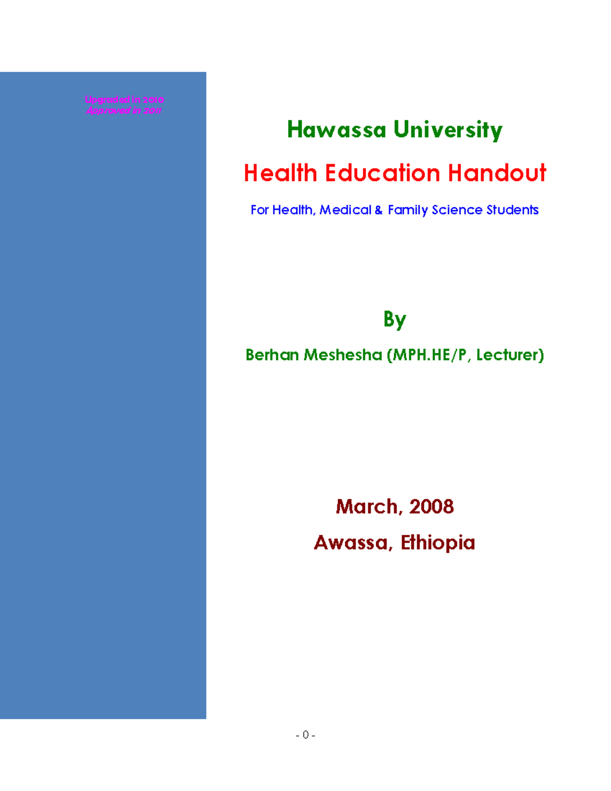 HE 2 - Lecture notes 1 - Hawassa University Health Education Handout ...