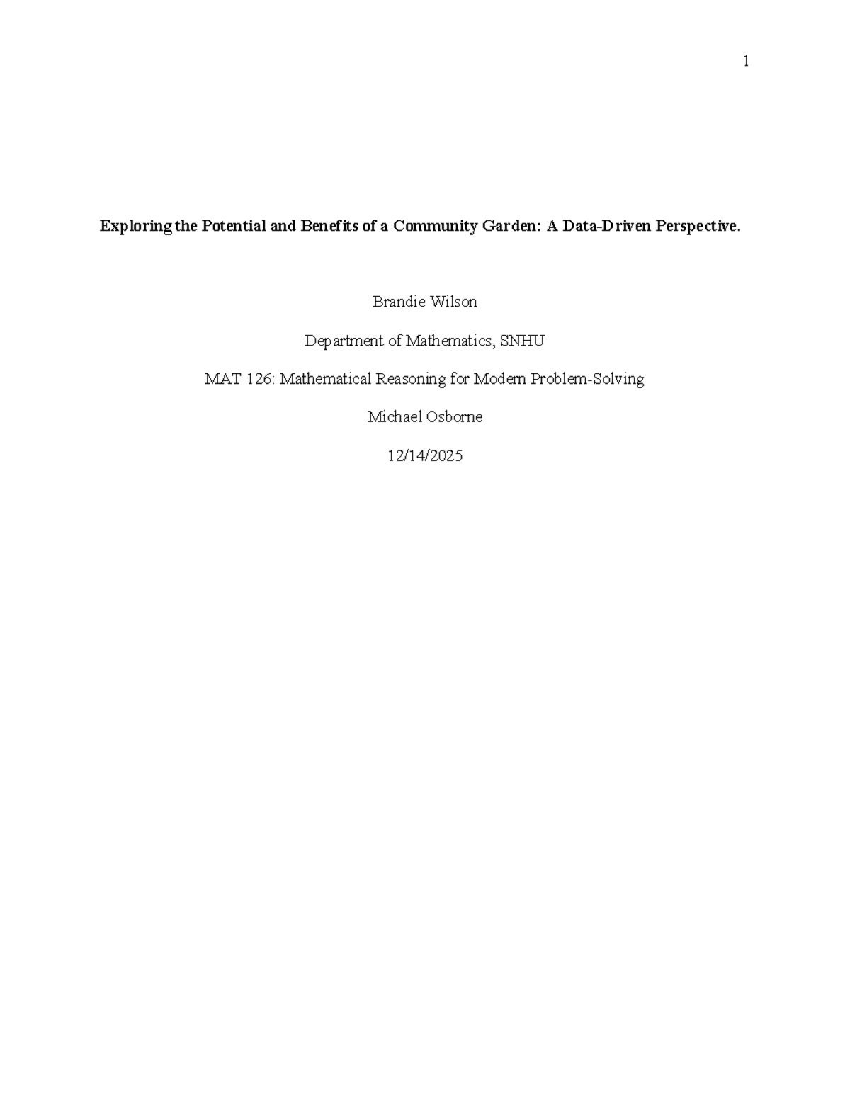 MAT 126: Community Garden Benefits & Math Analysis Project - Studocu