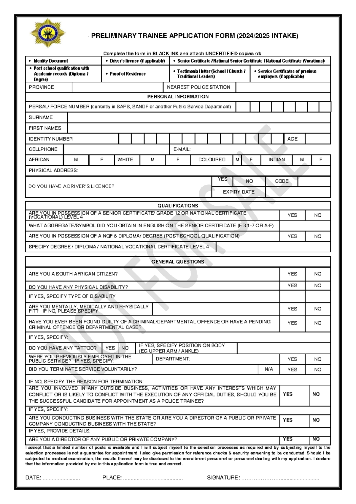 Application Form Police Trainee-2024-25 - SAPS PRELIMINARY TRAINEE ...