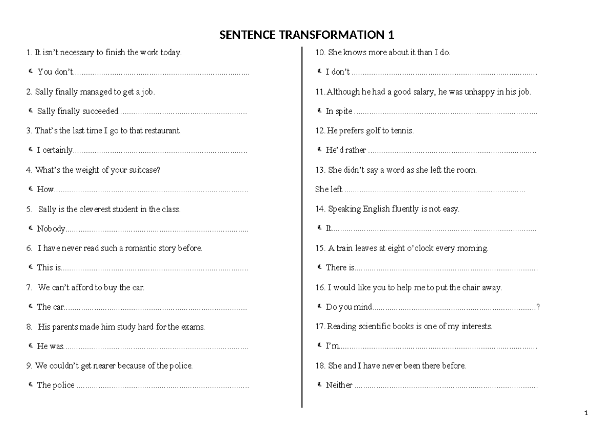 Sentence Transformation Exercises B1 - Studocu
