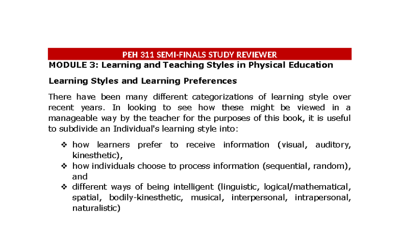 PEH 311 SEMI-Final Study Reviewer: Learning & Teaching Styles in PE ...