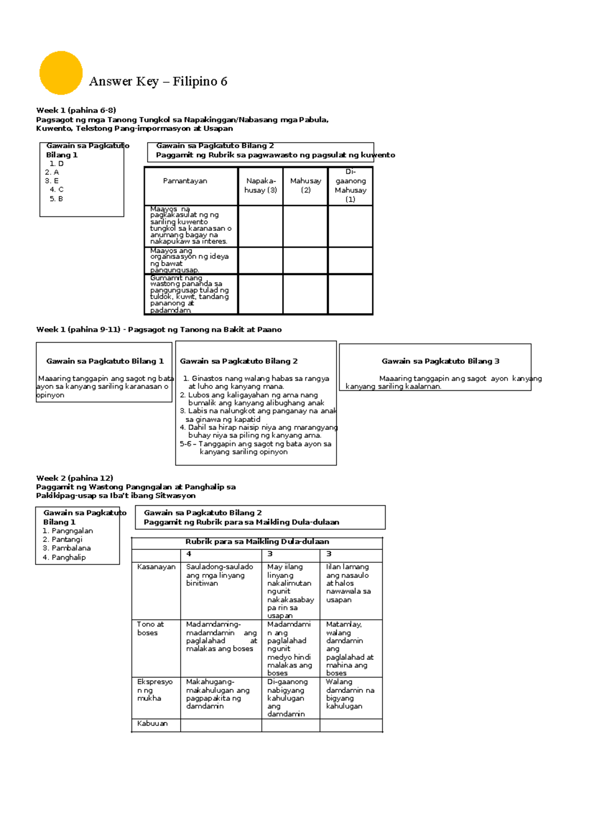 Answer Key Filipino 6 Module Q1: Activities and Rubrics Insights - Studocu