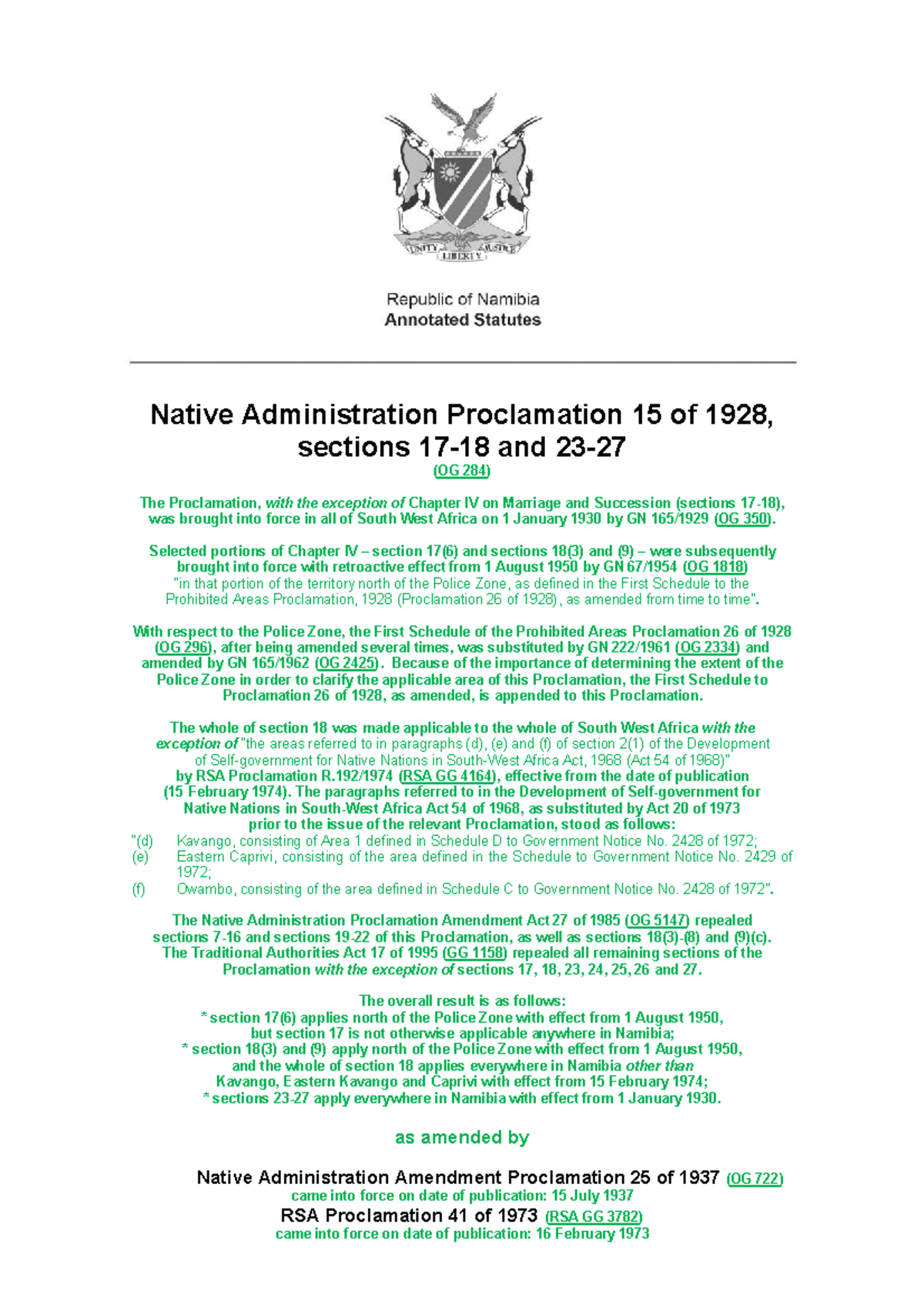 Native Administration Proclamation 15 of 1928 - Selected portions of ...