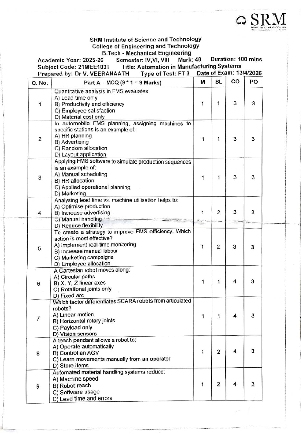 Automation in Manufacturing Systems 21 MEE103T FT 3 Exam Notes - Studocu