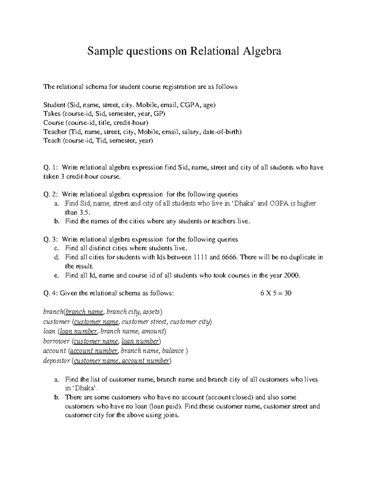 Relational Algebra Sample Questions for Database Studies (DB 101) - Studocu
