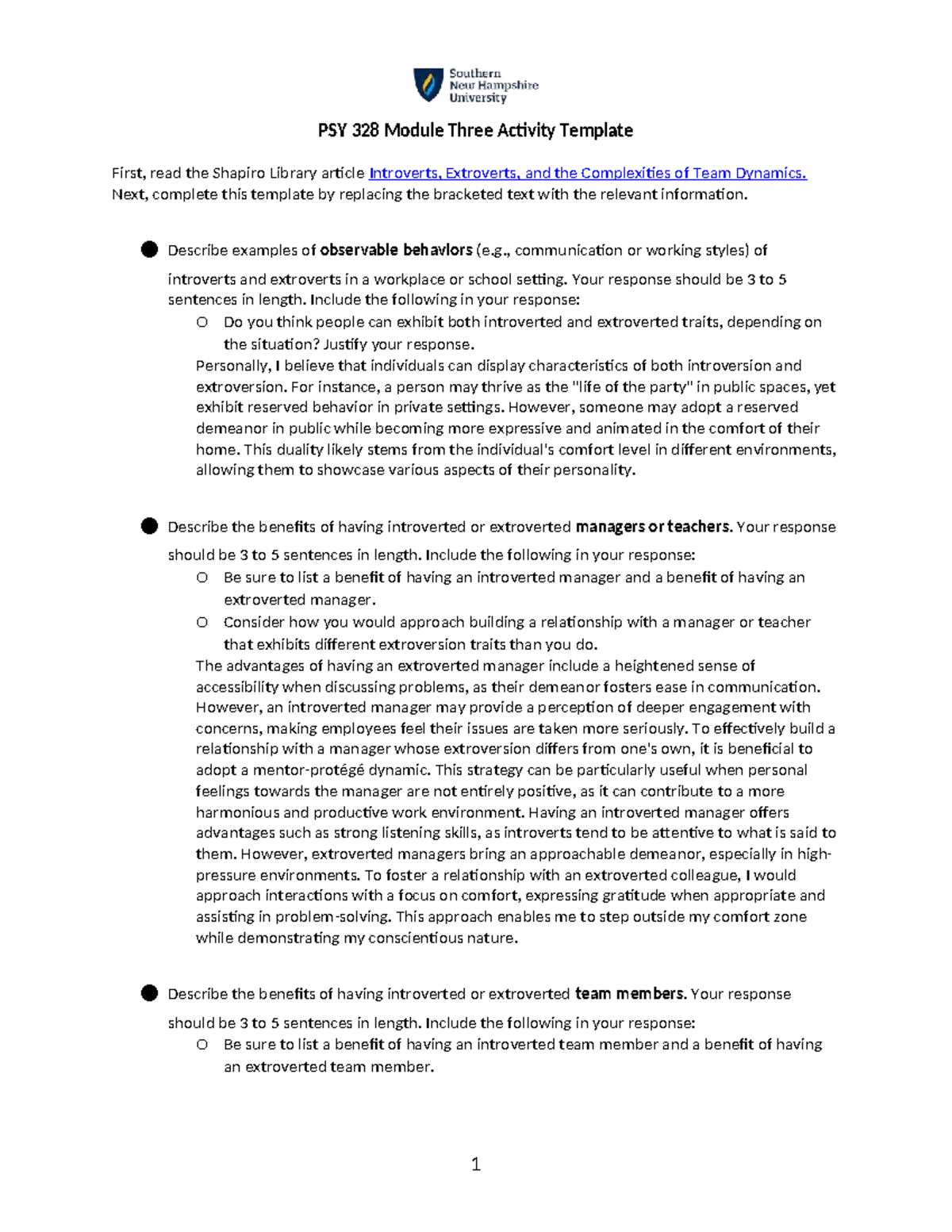 PSY 328 Module Three Activity: Team Dynamics of Introverts & Extroverts - Studocu
