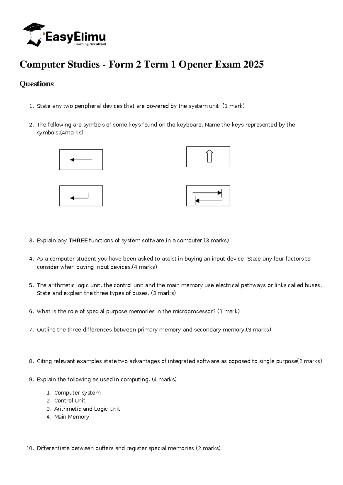 Computer Studies - Form 2 Term 1 Opener Exam 2025 Questions - Studocu