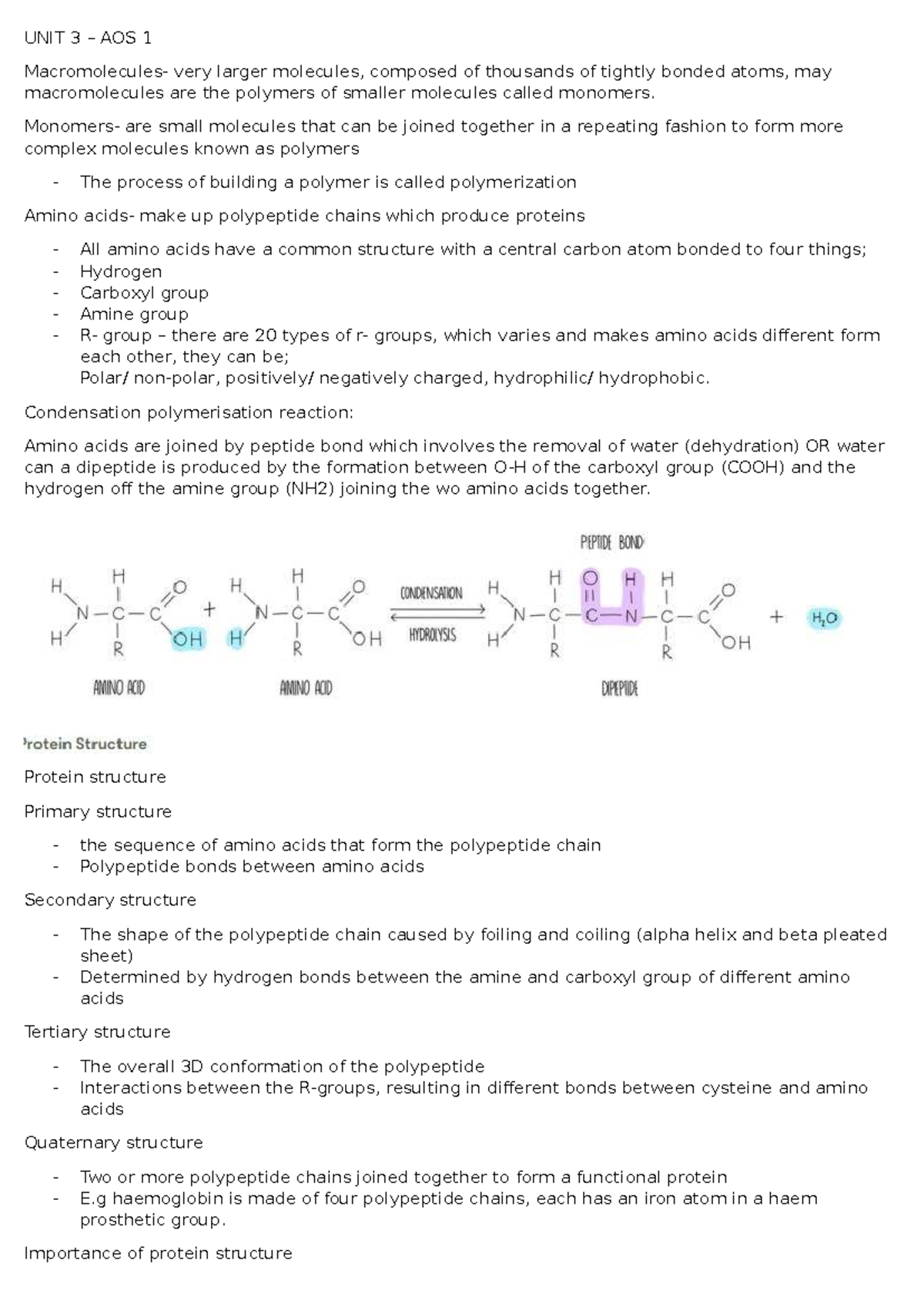 Unit 34 Revision: Exam Prep Notes for Biology AOS 1 & 2 - Studocu