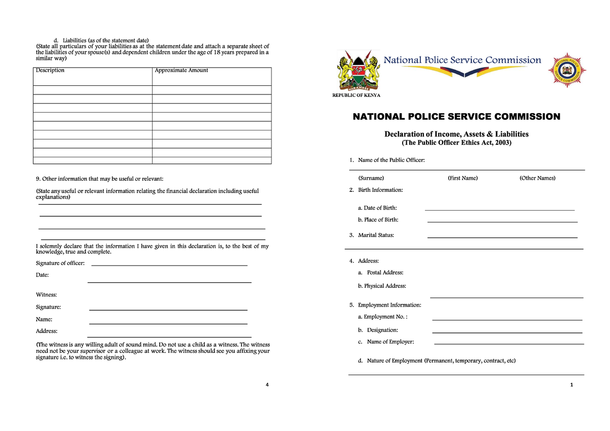 Liabilities Declaration Form - National Police Service Commission - Studocu