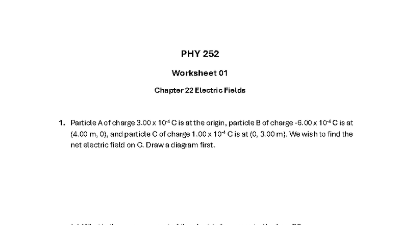 PHY 252 Worksheet 01: Electric Fields and Forces Analysis - Studocu