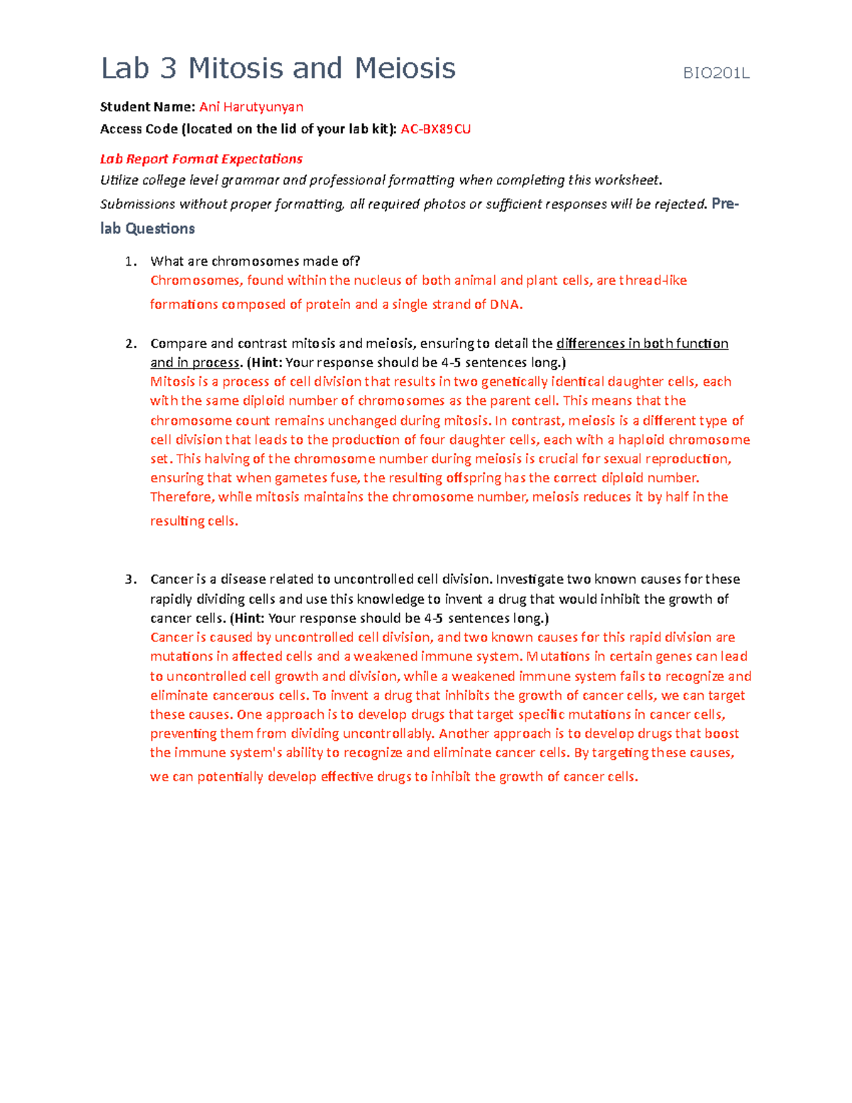 BIO201 Lab 3 - Mitosis and Meiosis: Understanding Cell Division - Studocu