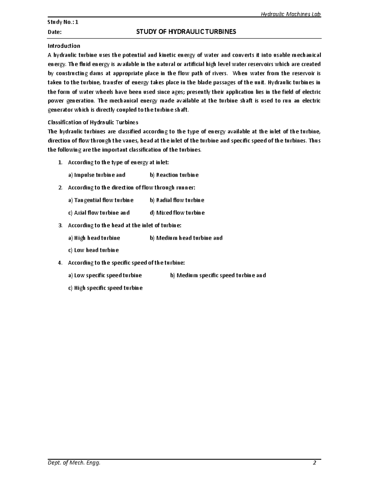Hydraulic Machines Lab Study: Turbines and Pumps Overview - Studocu