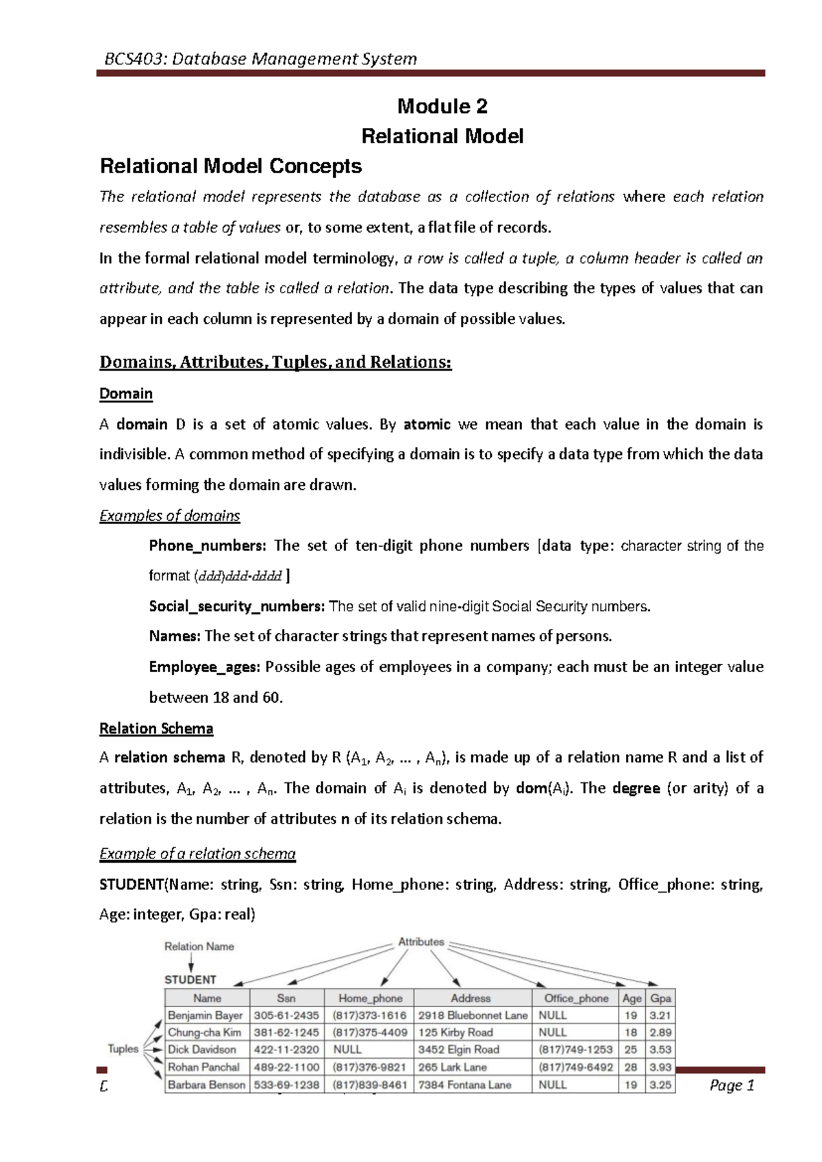 Module 2 Notes - BCS403 DBMS: Relational Model & Operations - Studocu