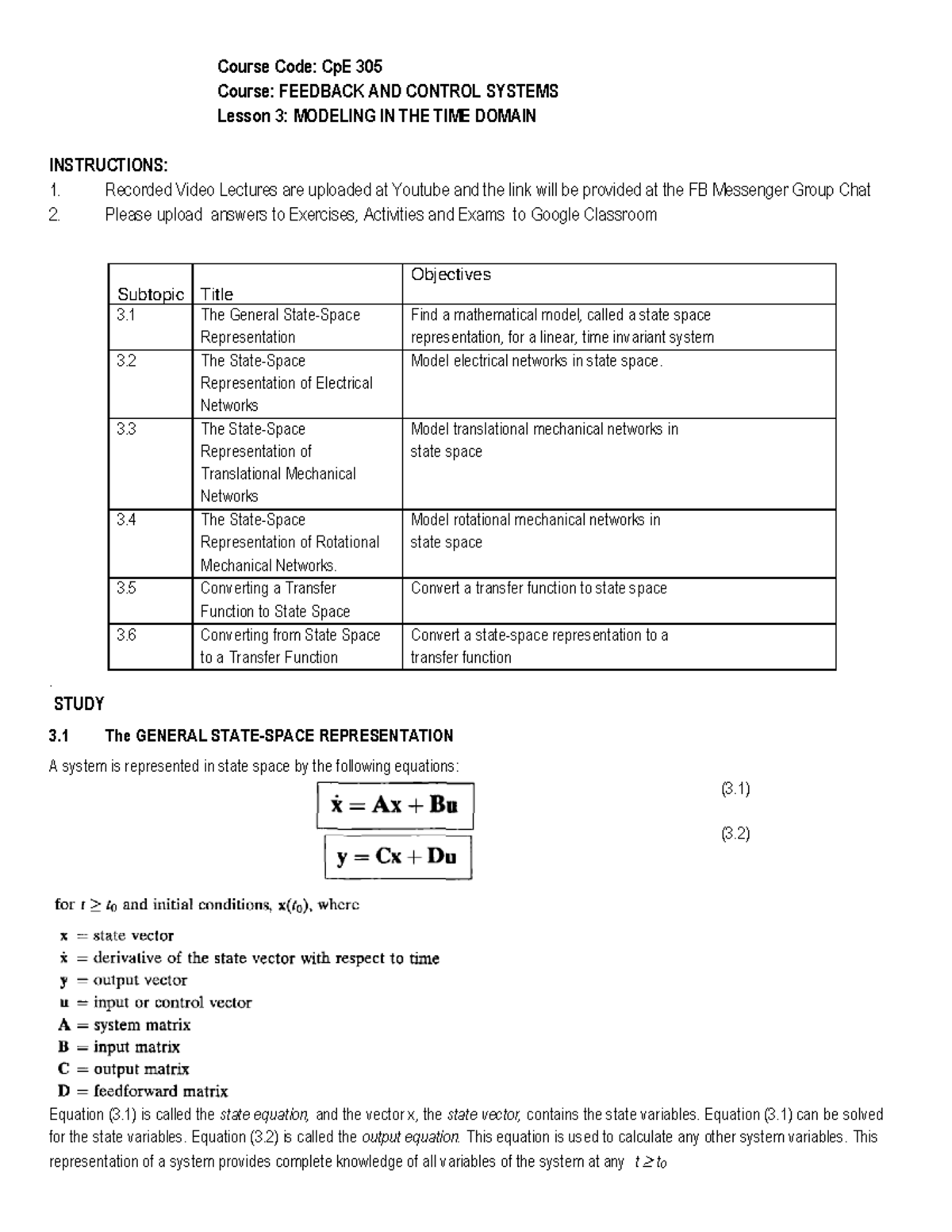 Lesson 3 Modeling the the Time Domain - Course Code: CpE 305 Course: FEEDBACK AND CONTROL ...