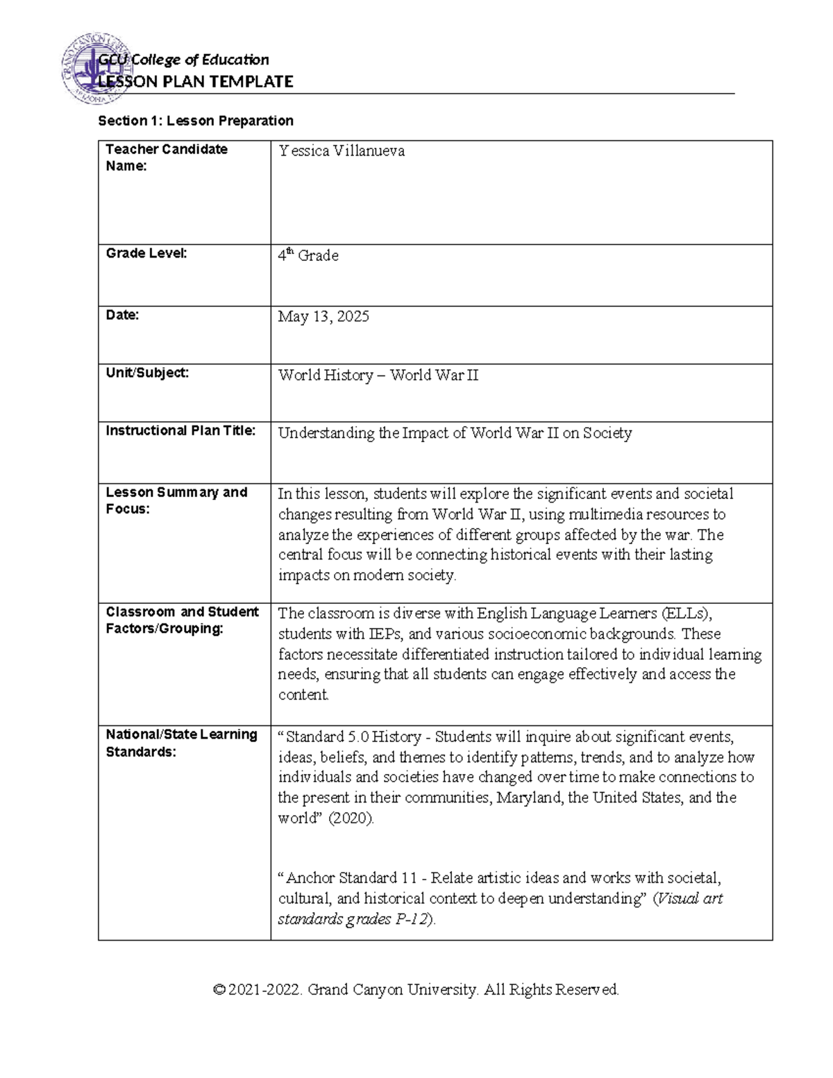 ELM-315 World History Lesson Plan: Impact of WWII on Society - Studocu