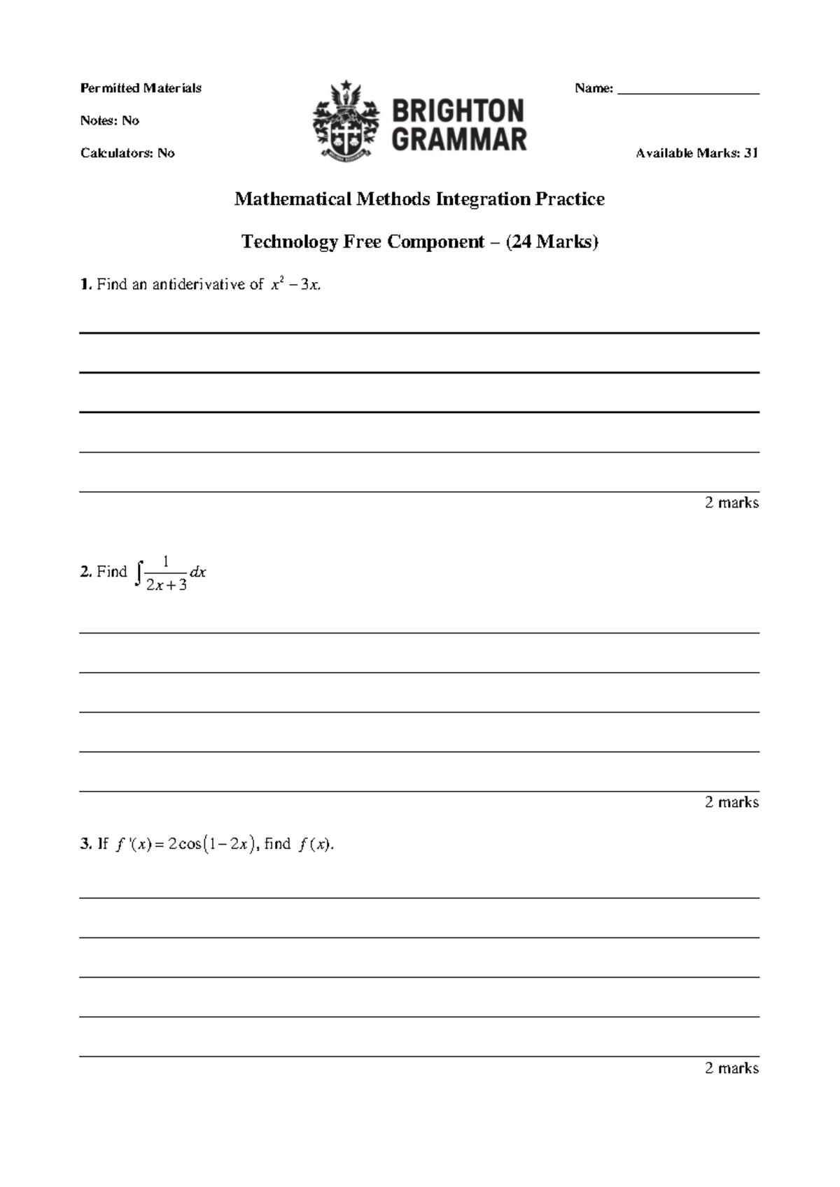 Mathematical Methods Integration Practice Questions (MM101) - Studocu