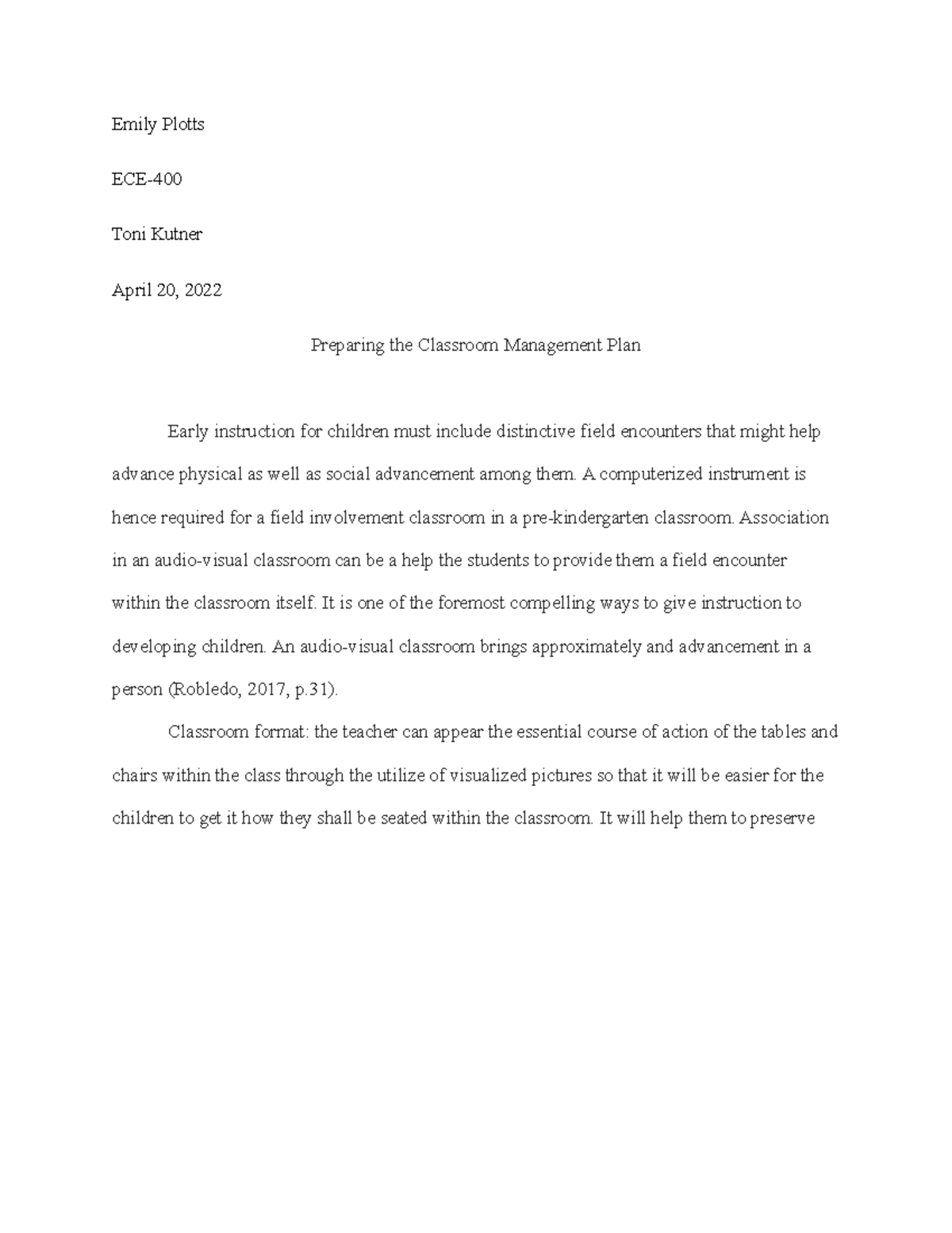 Classroom Management Plan for Early Childhood Education (ECE) - Studocu