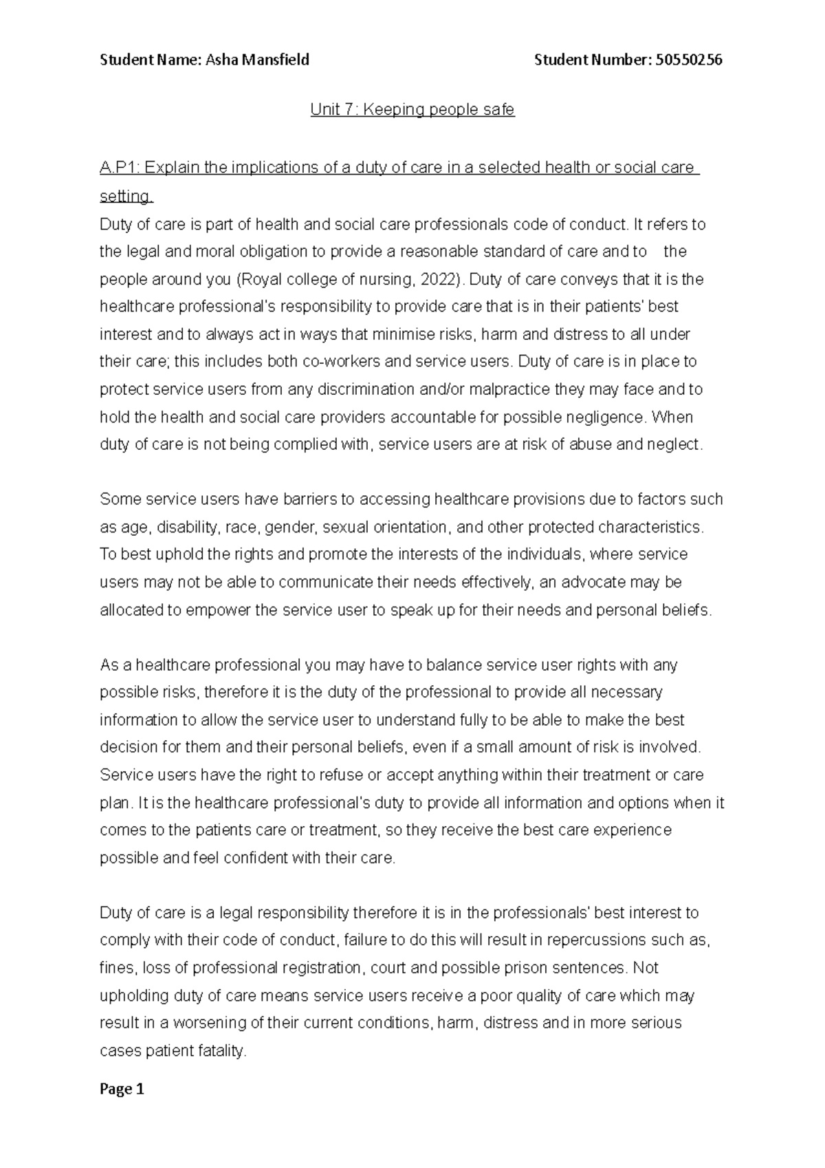 Unit 7 Assignment - Level 3 Health & Social Care: Duty of Care & Safety ...