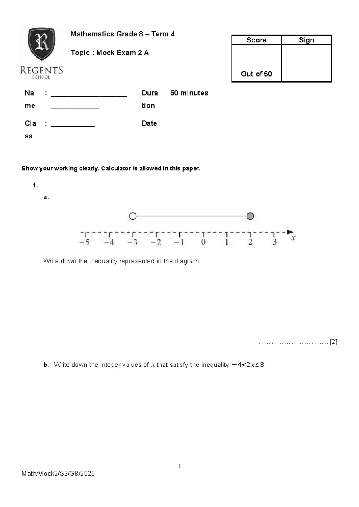 Mathematics Grade 8 Mock Exam 2 (Term 4) - Score & Solutions - Studocu
