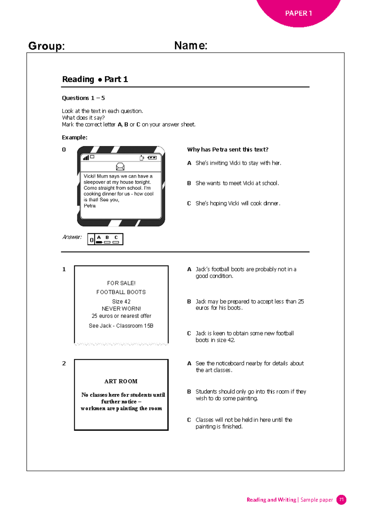 Reading Test PCE - Practice Paper 1 with Questions and Answers - Studocu