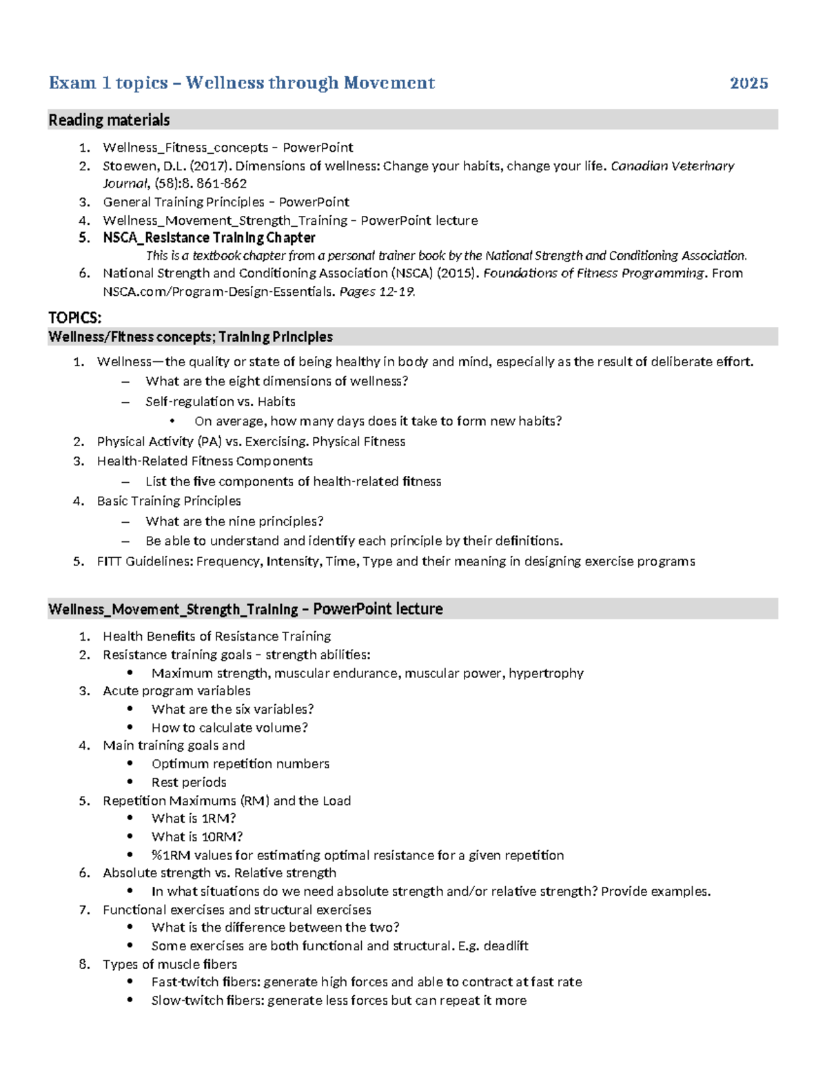 Exam 1 Topics: Exercise Selection & Resistance Training Principles ...
