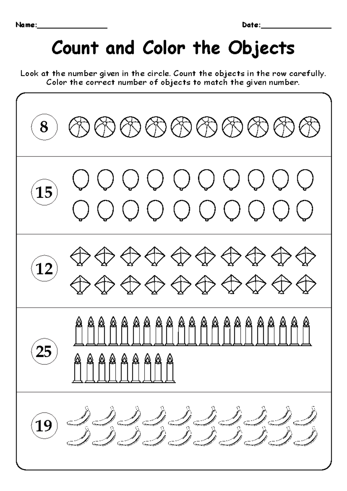 Count and Color the Objects - Kindergarten Worksheet - 8 15 12 25 19 ...