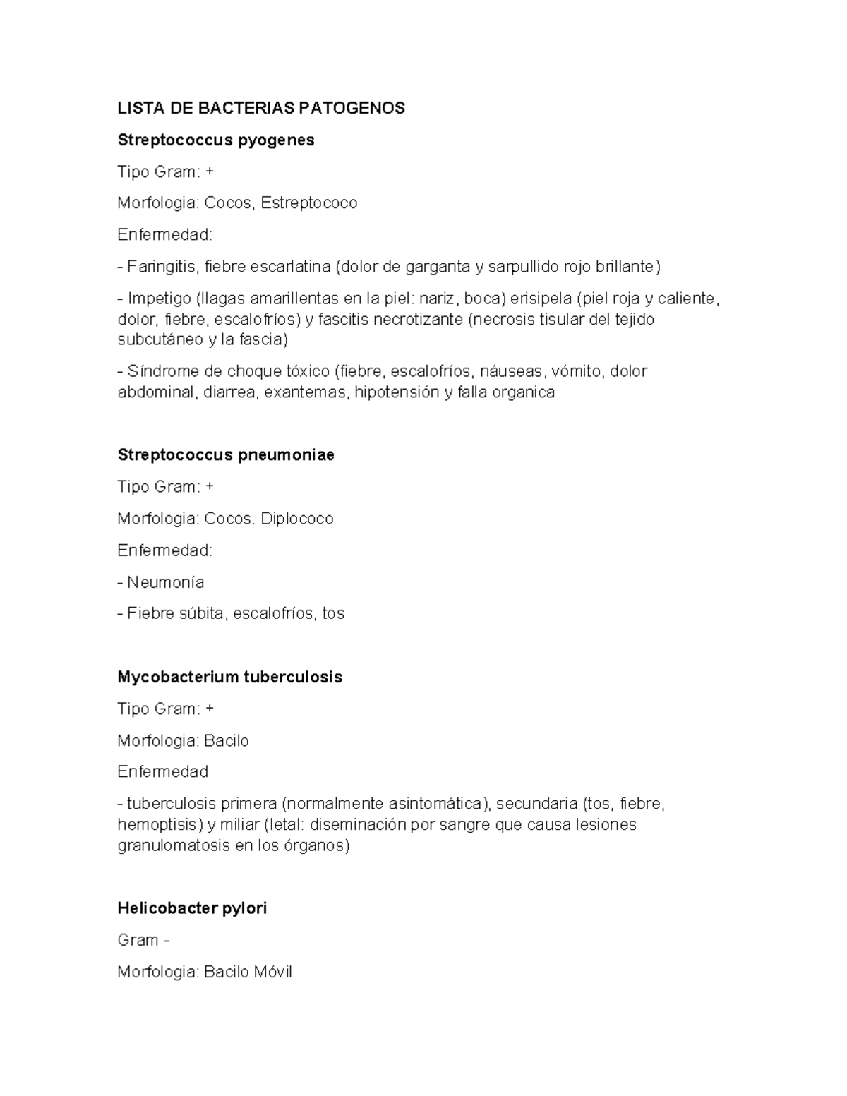 Lista de Bacterias Patógenas y sus Enfermedades - Studocu
