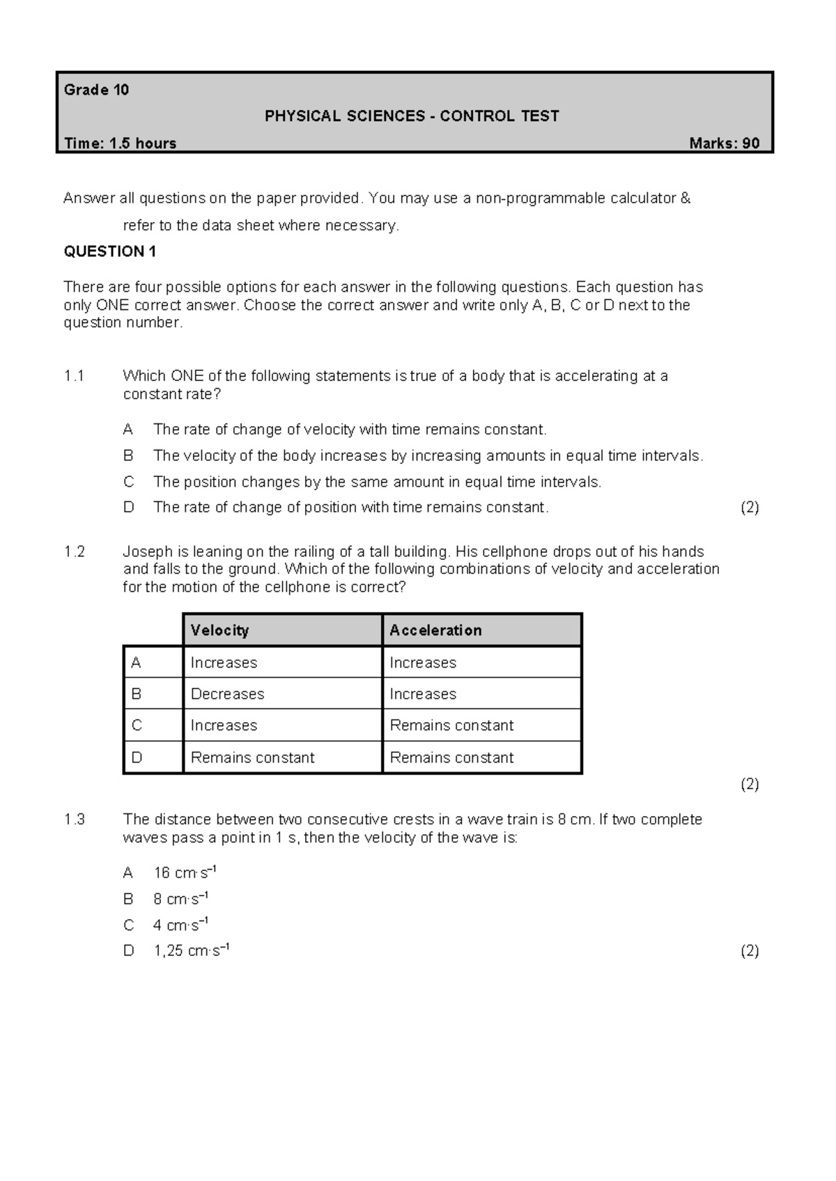 Grade 10 Physical Sciences Control Test Questions - Term 1 - Studocu
