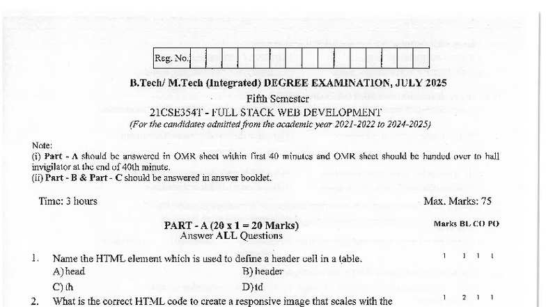 21CSE354T Full Stack Web Development Exam Questions - July 2025 - Studocu