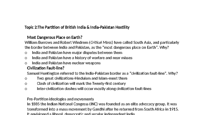 The Partition of British India: Hostility and Its Consequences - Studocu