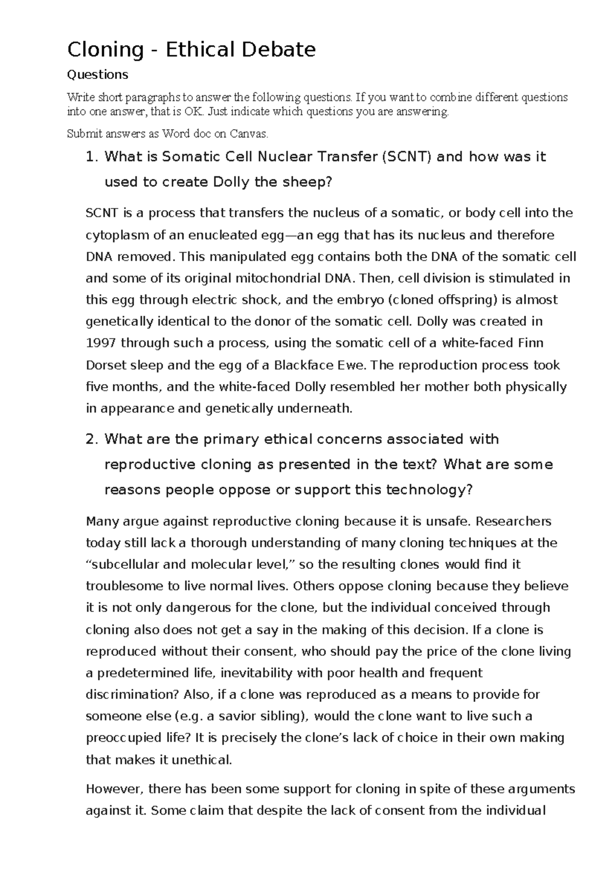 Cloning - Ethical debate Qs - Cloning - Ethical Debate Questions Write ...