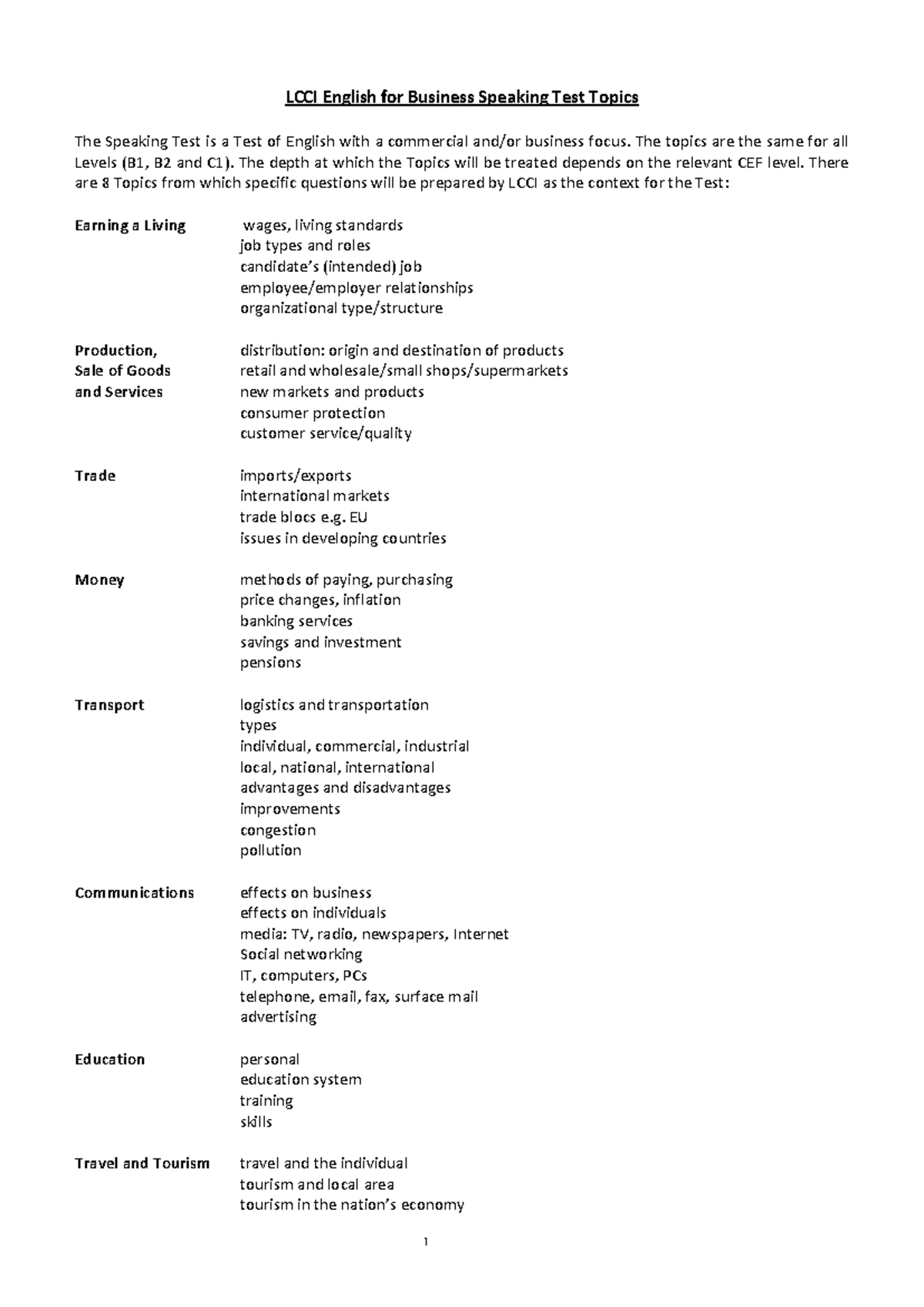 LCCI English for Business Speaking Test Topics (B1-B2-C1) - Studocu