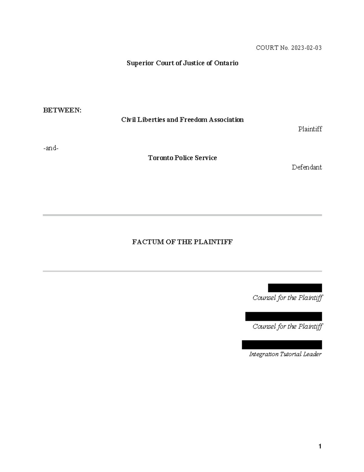 Sample Factum on Contractual Obligations: Civil Liberties v. TPS - Studocu