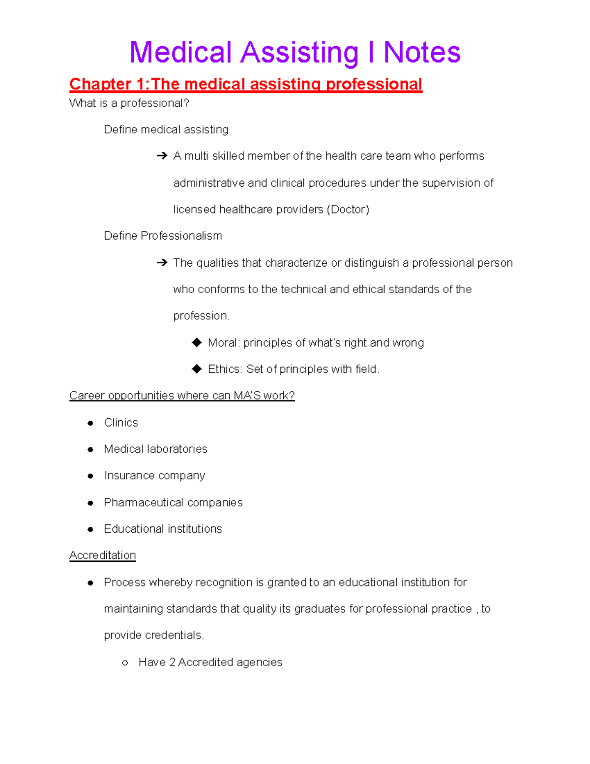 MA 1 Exam Notes: Key Concepts in Medical Assisting & Patient Care - Studocu