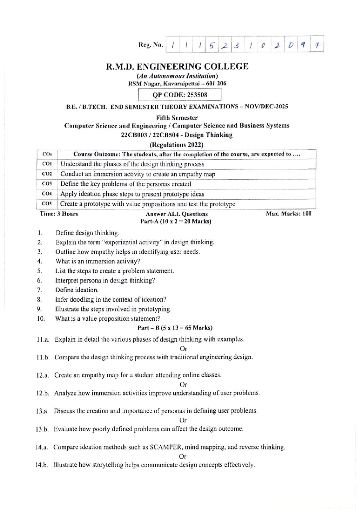 22CB003 Design Thinking ESE Exam Questions & Course Outcomes - Studocu