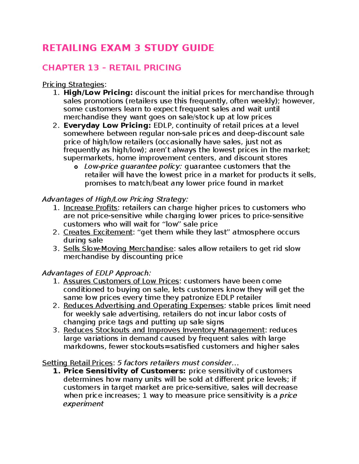 Retailing Exam 3 Study Guide: Key Pricing Strategies and Concepts - Studocu