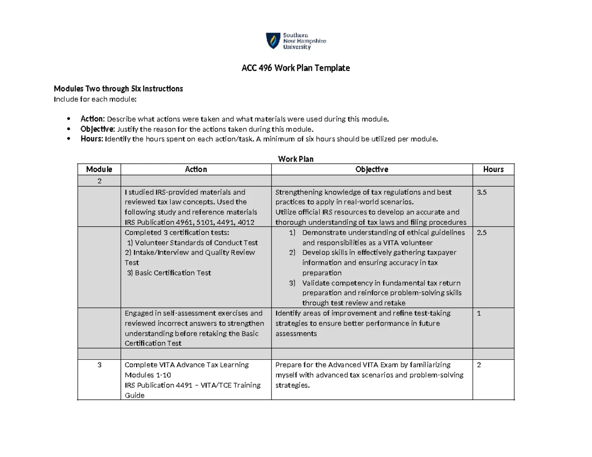 ACC 496 Work Plan Template: Modules 2-6 Action & Objective Details ...