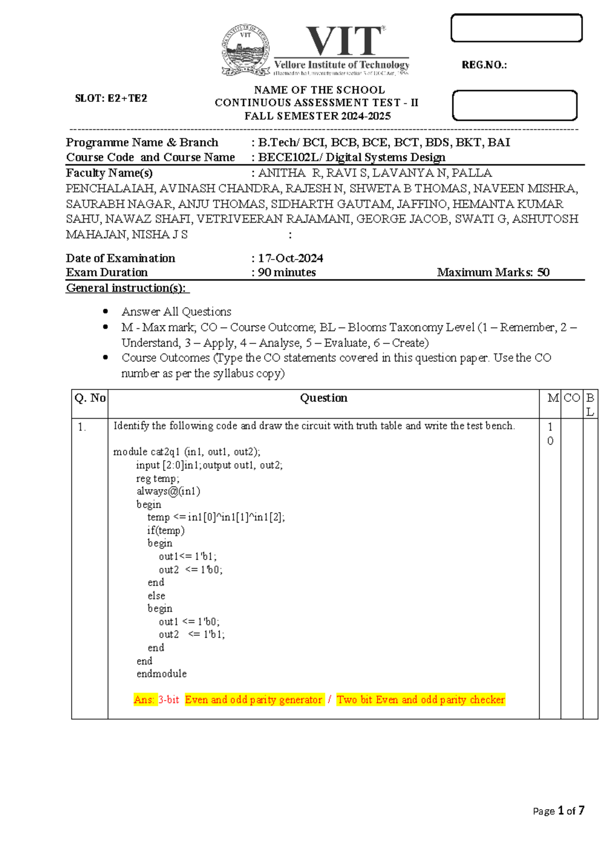 Fallsem 2024-25 BECE102L TH VL2024250104279 CAT-2-QP-KEY - SLOT: E2+TE ...