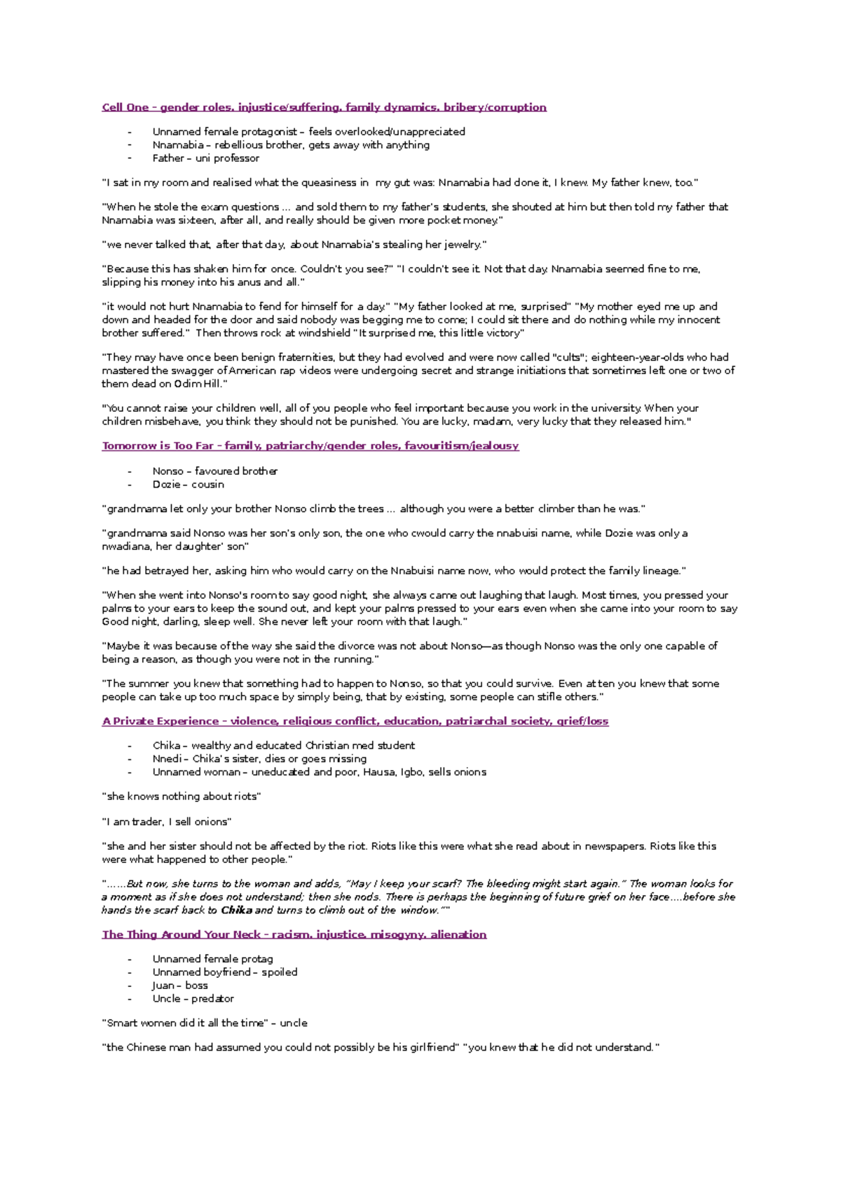 The Thing Around Your Neck LT Cheat Sheet: Themes & Analysis - Studocu