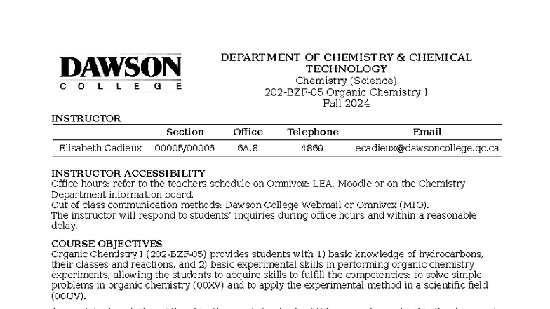 Organic Chemistry I (CHEM 101) Course Outline - Fall 2024 - Studocu
