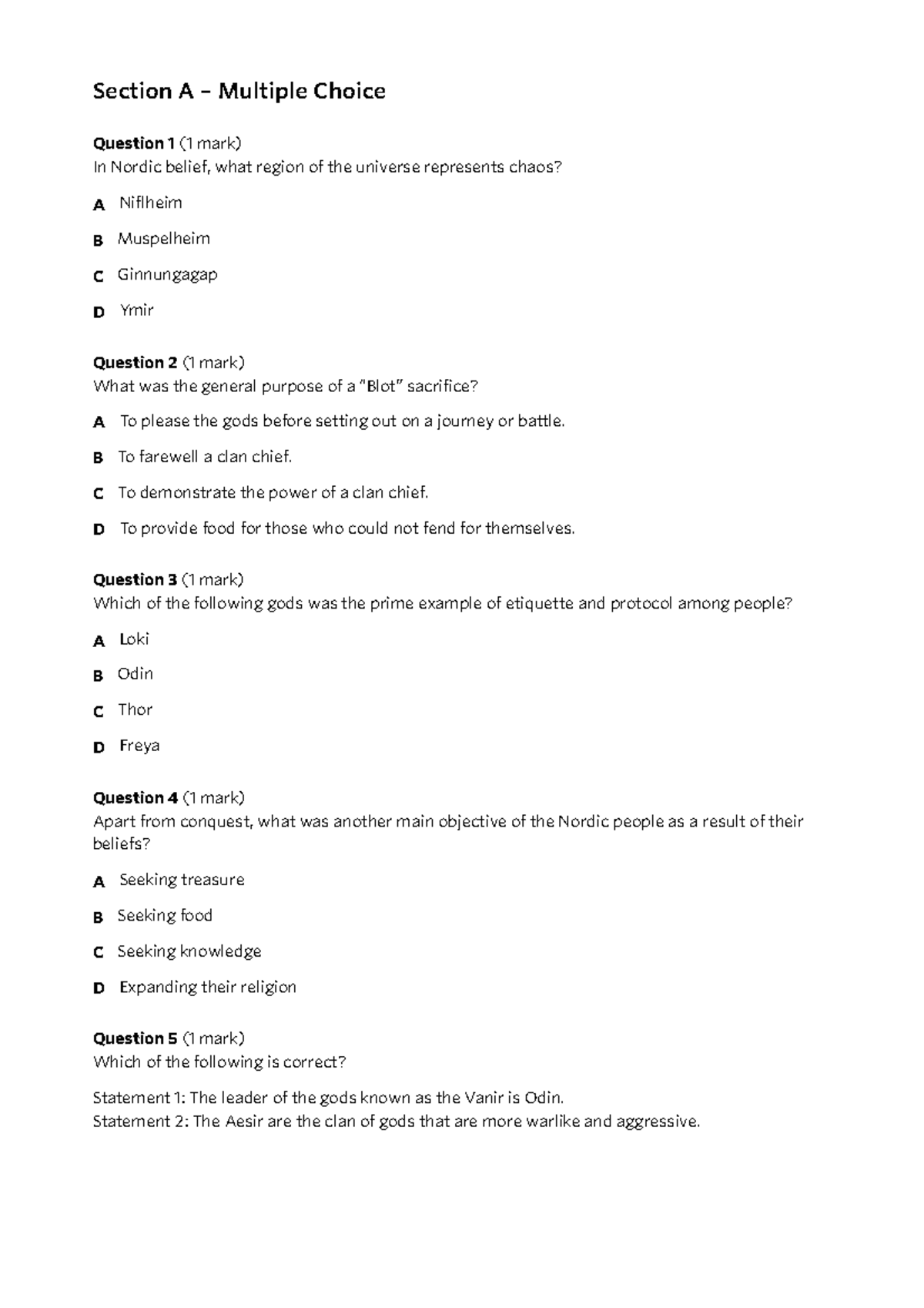 Nordic - Multiple Choice - A B C D A B C D A B C D A B C D Section A ...