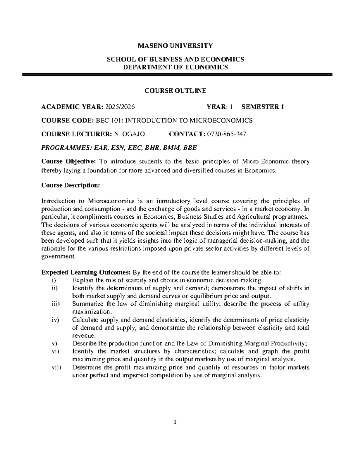 BEC 101: Introduction to Microeconomics Course Outline 2025-2026 - Studocu
