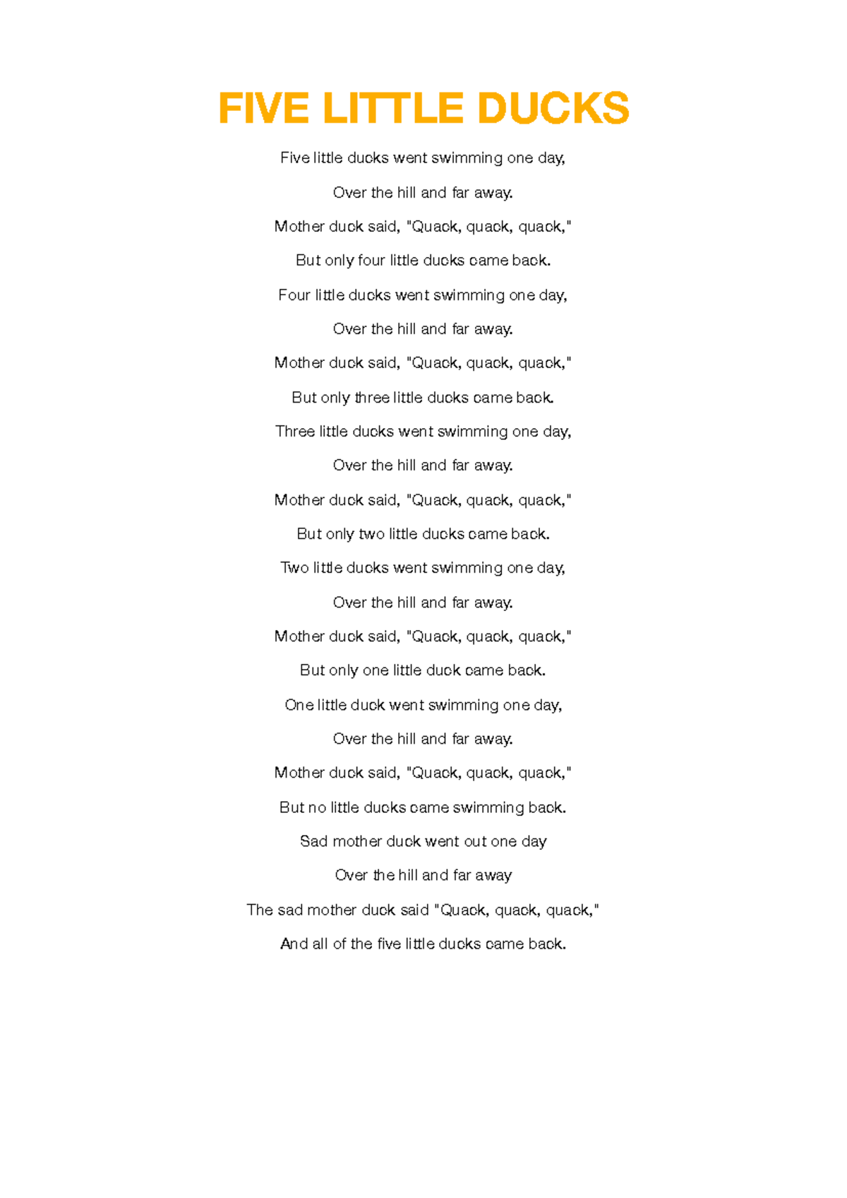 FIVE LITTLE DUCKS: A Poem for English Class - Studocu