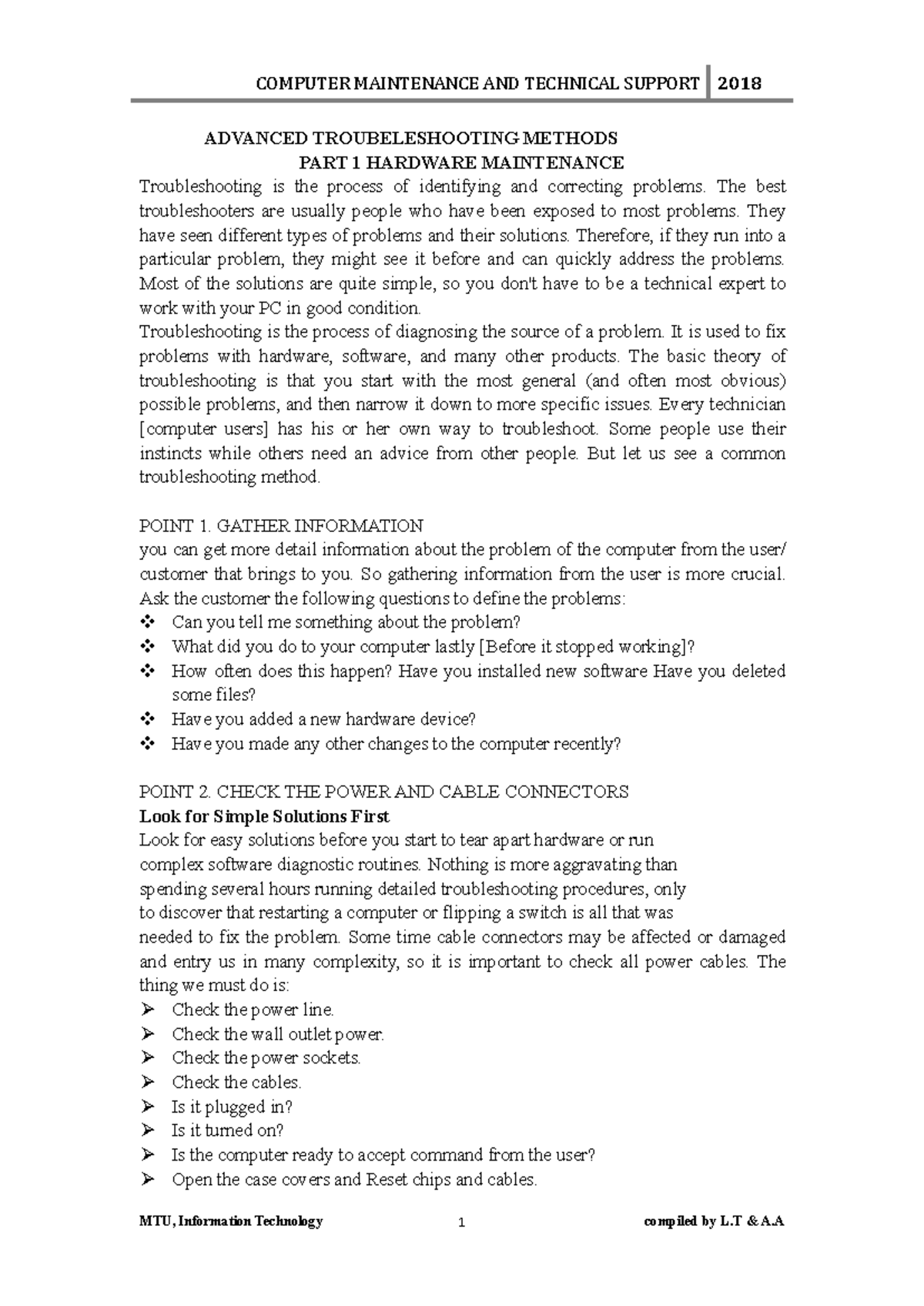 MTU IT 2018 Advanced Troubleshooting Methods: Hardware Maintenance ...