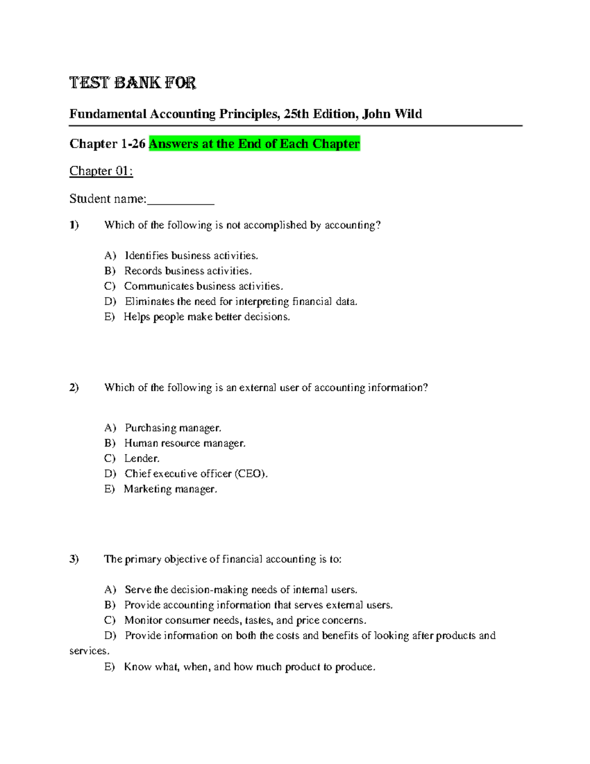 Test Bank for Fundamental Accounting Principles (25th Ed.) - Studocu