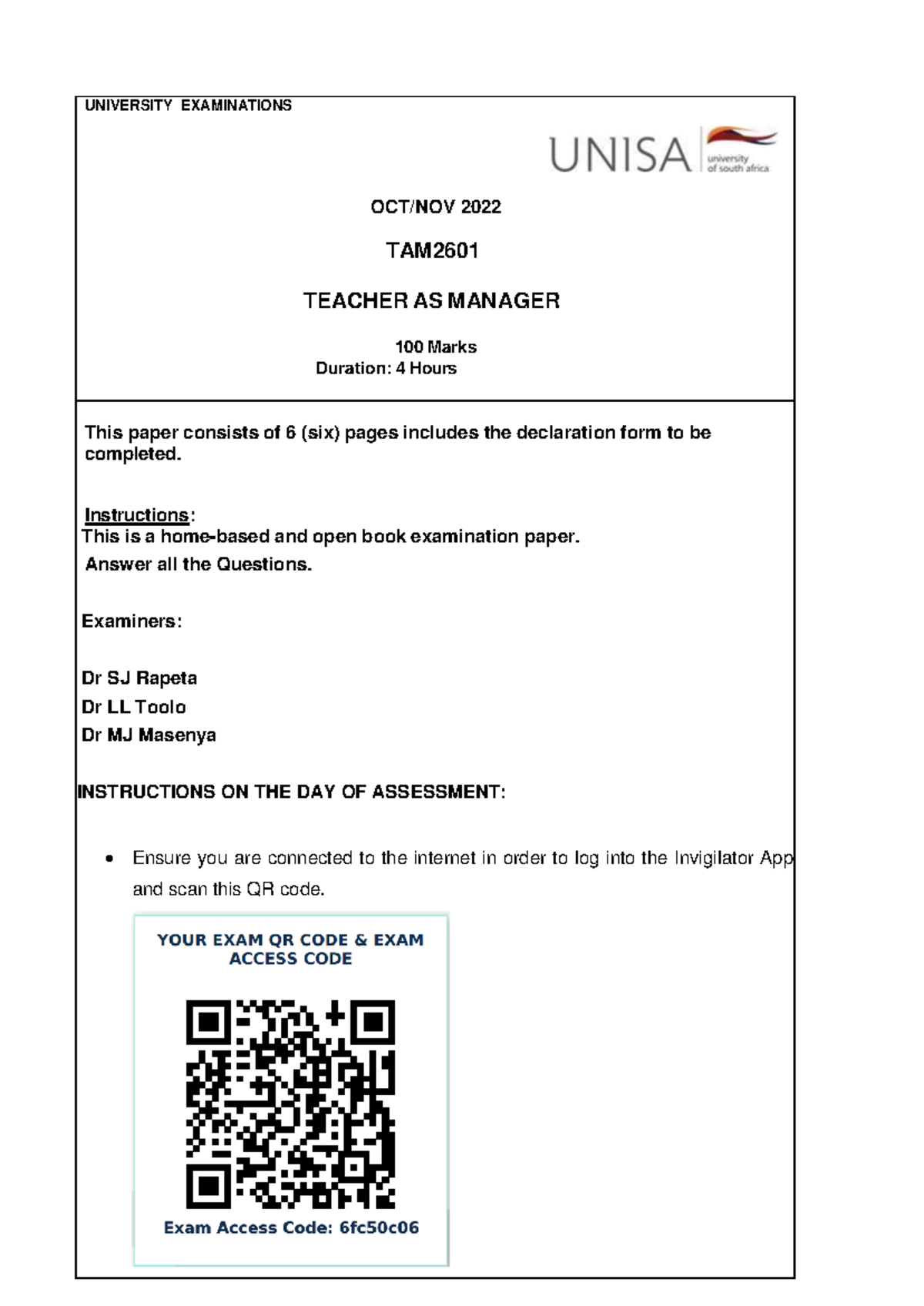 TAM2601 OCT/NOV 2022 Teacher as Manager Main Exam Paper - Studocu
